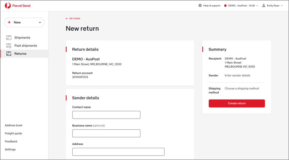Create a return - Australia Post